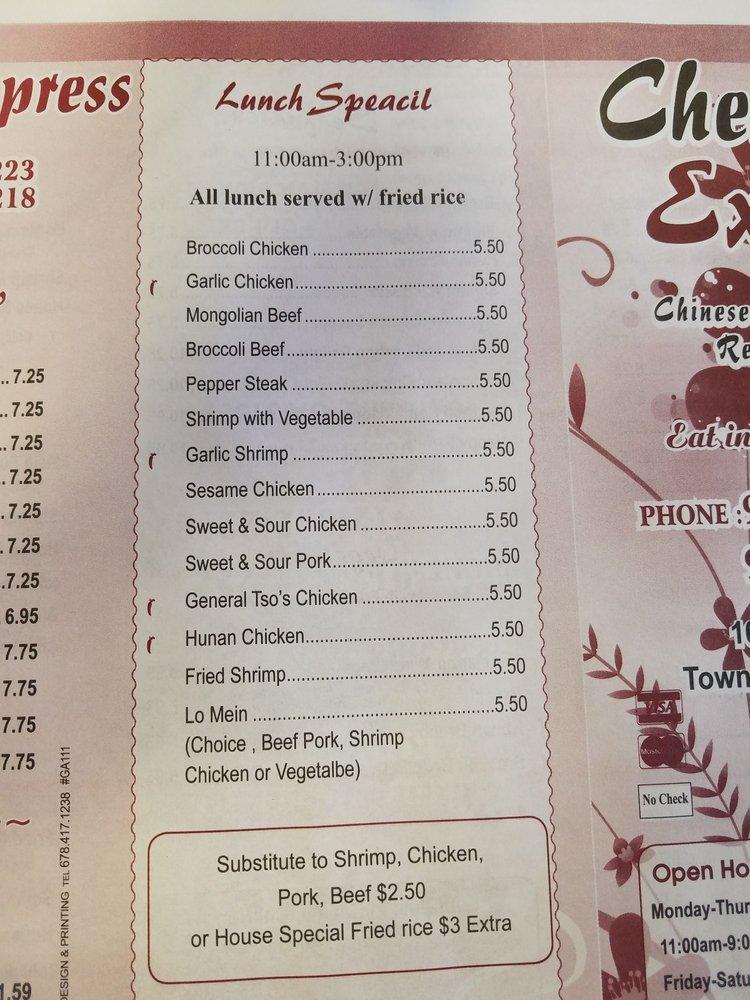 Menu at Chen's Express restaurant, USA