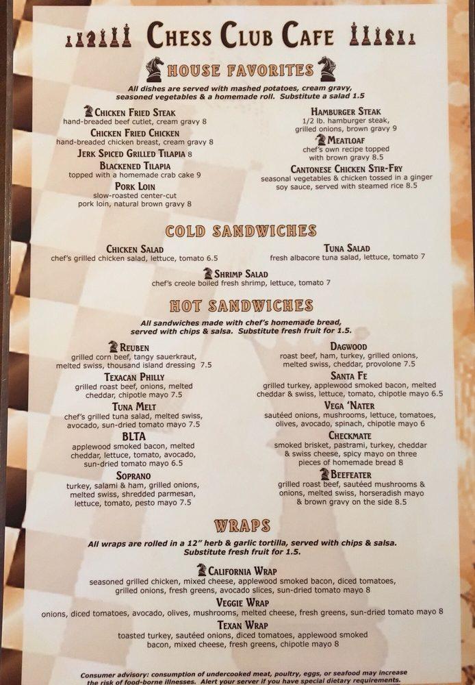 Menu at Chess Club Cafe, Blanco