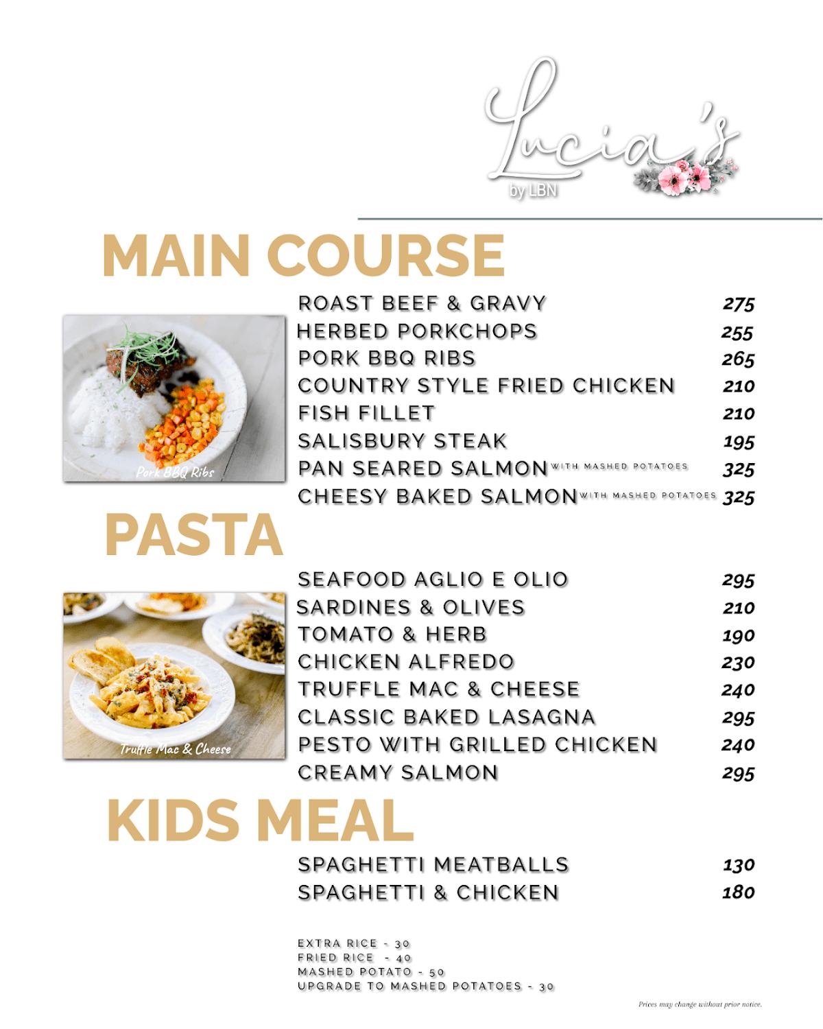 Menu at Lucia’s Cafe, Lipa