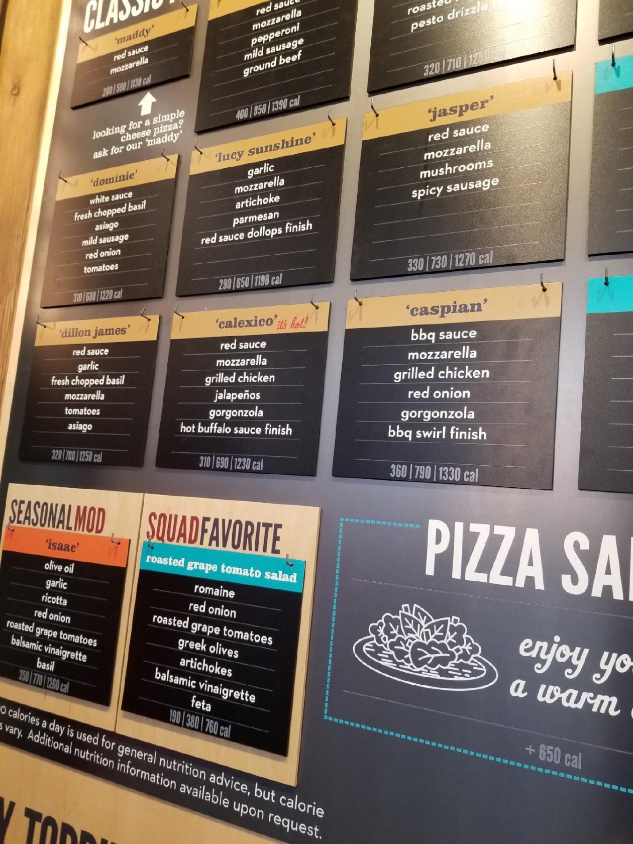 Menu at MOD Pizza pizzeria, Oak Creek