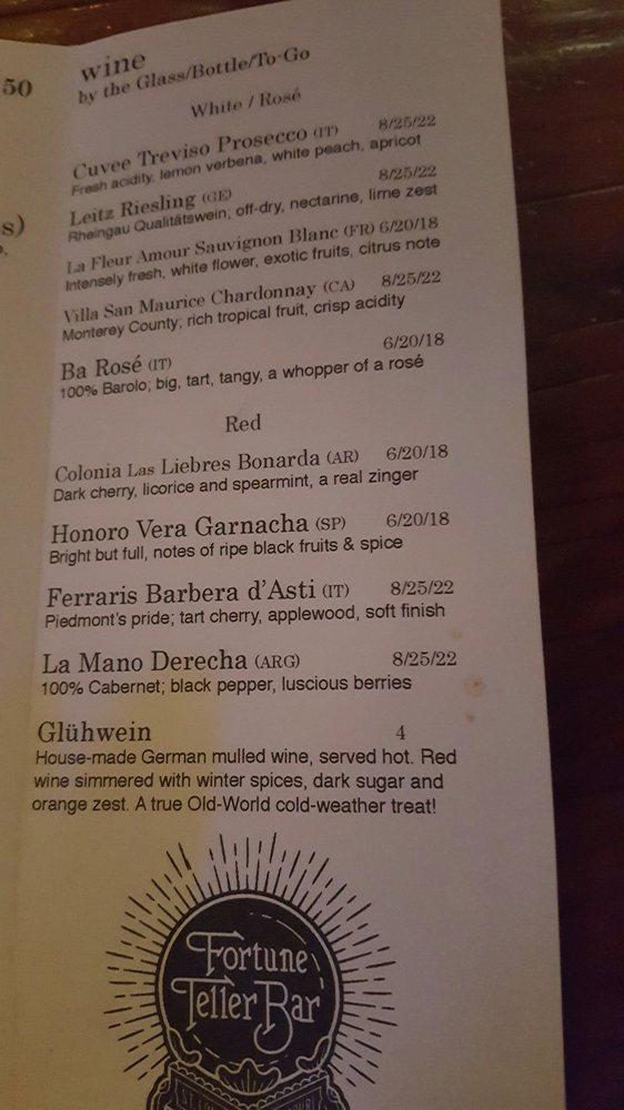 Menu at Fortune Teller Bar, St. Louis