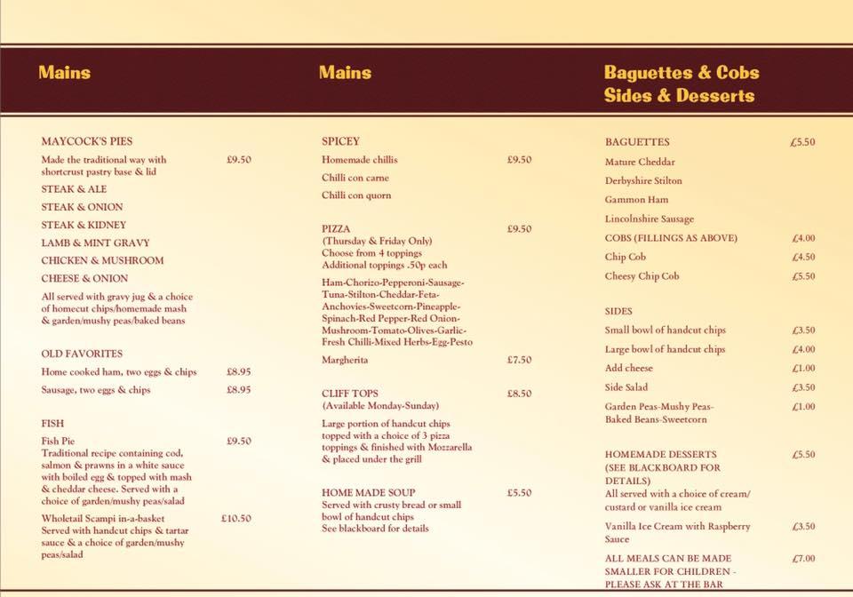 Menu at Cliff Inn pub & bar, Crich