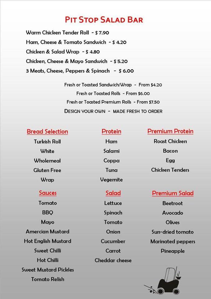 Menu at Pit Stop Kiosk, Market City, Canning Vale