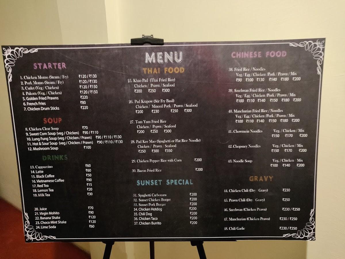Menu at Sunset Cafe, Shillong