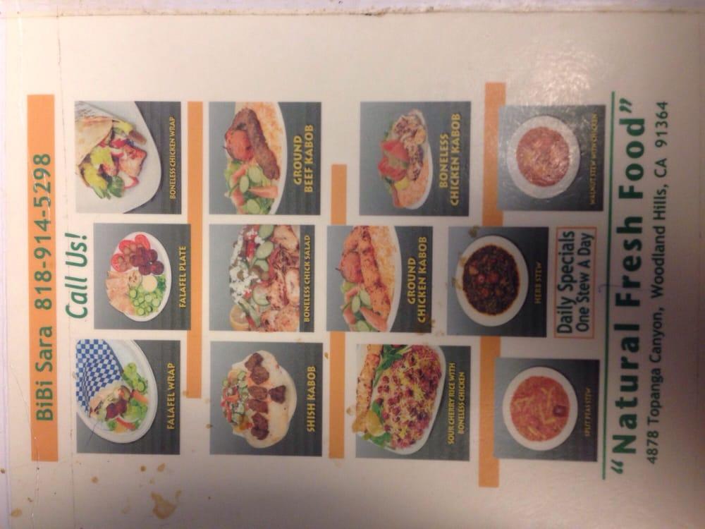 Menu at Bibi Sara restaurant, Los Angeles, Topanga Canyon Blvd