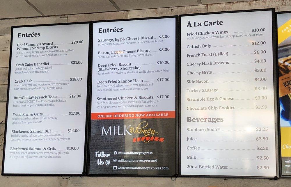 Menu at Milk & Honey Southern Inspired Kitchen restaurant, Glenarden