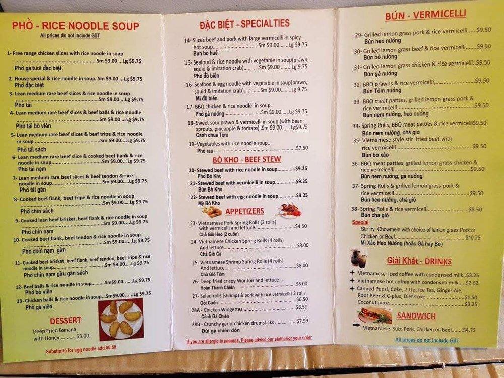 Menu at Pho Song restaurant, Maple Ridge