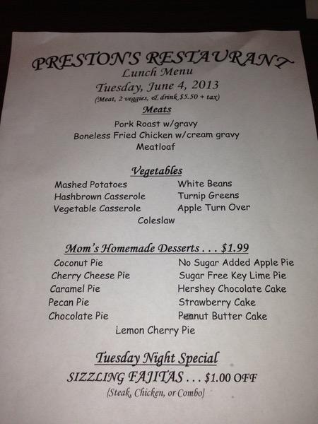 Menu at Preston’s restaurant, Lexington