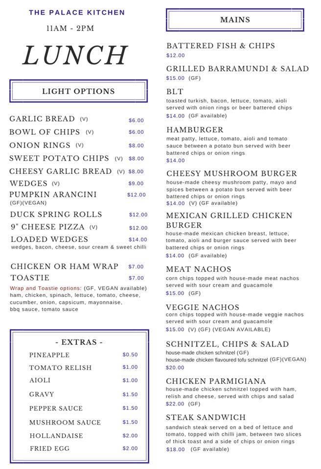 Menu at The Palace Hotel restaurant, Nanango