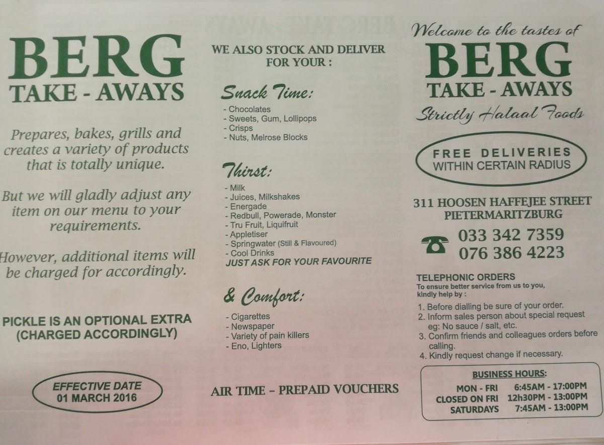 Menu at Berg Take-Aways cafe, Pietermaritzburg