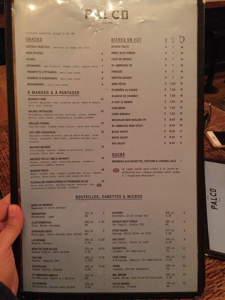 Menu at Bar Palco, Montréal