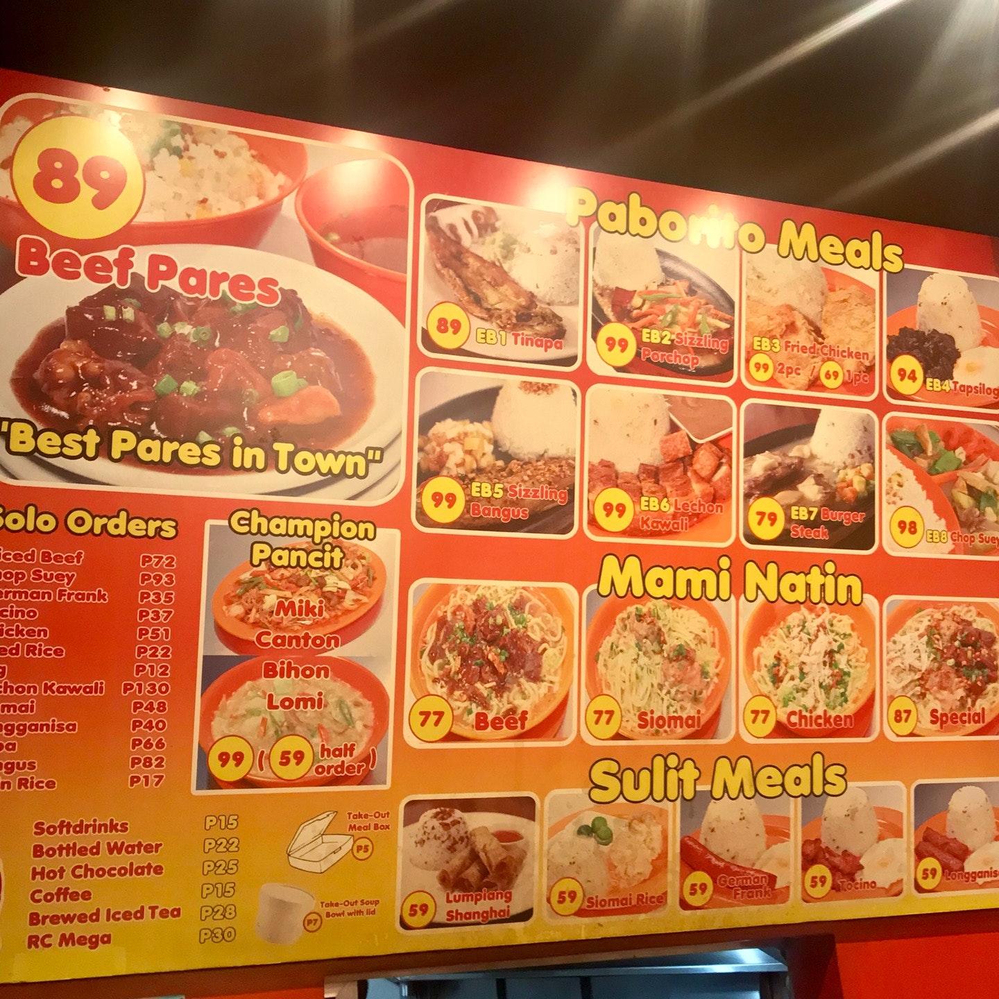 Menu at Pares, Marikina