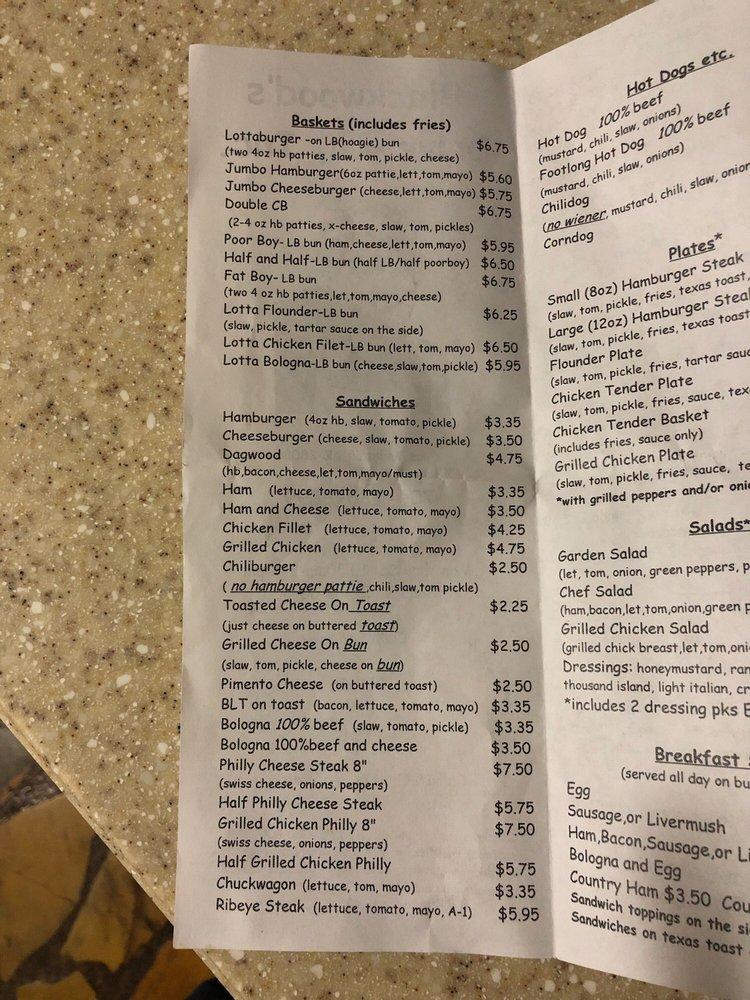 Menu at Blackwood's Drive-In restaurant, Kings Mountain