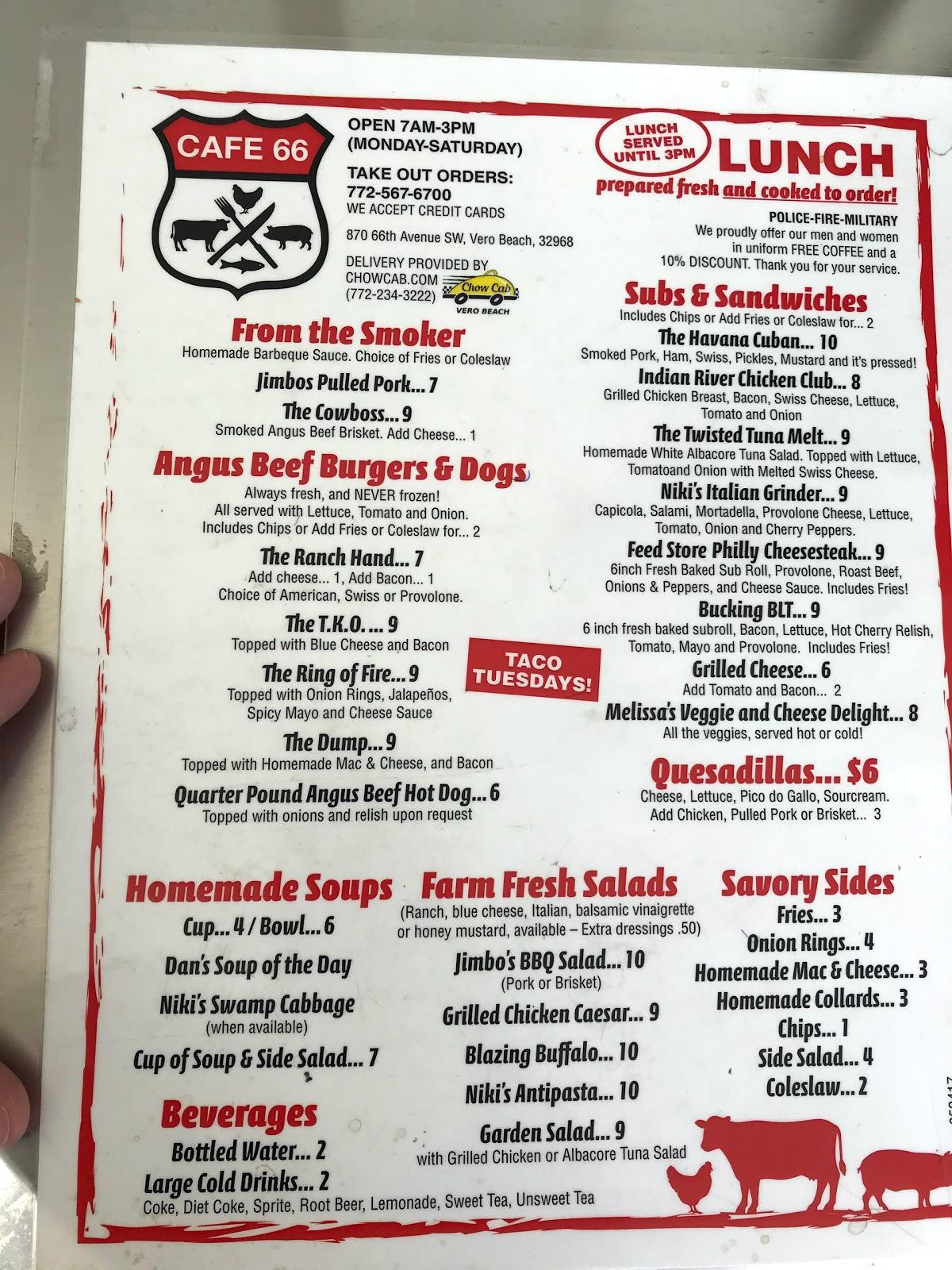 Menu at Cafe 66, Vero Beach, 685 US-1
