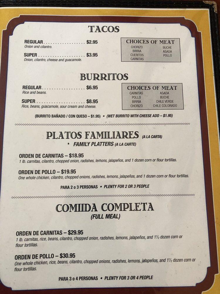 Menu at Carnitas Michoacán restaurant, Gilroy
