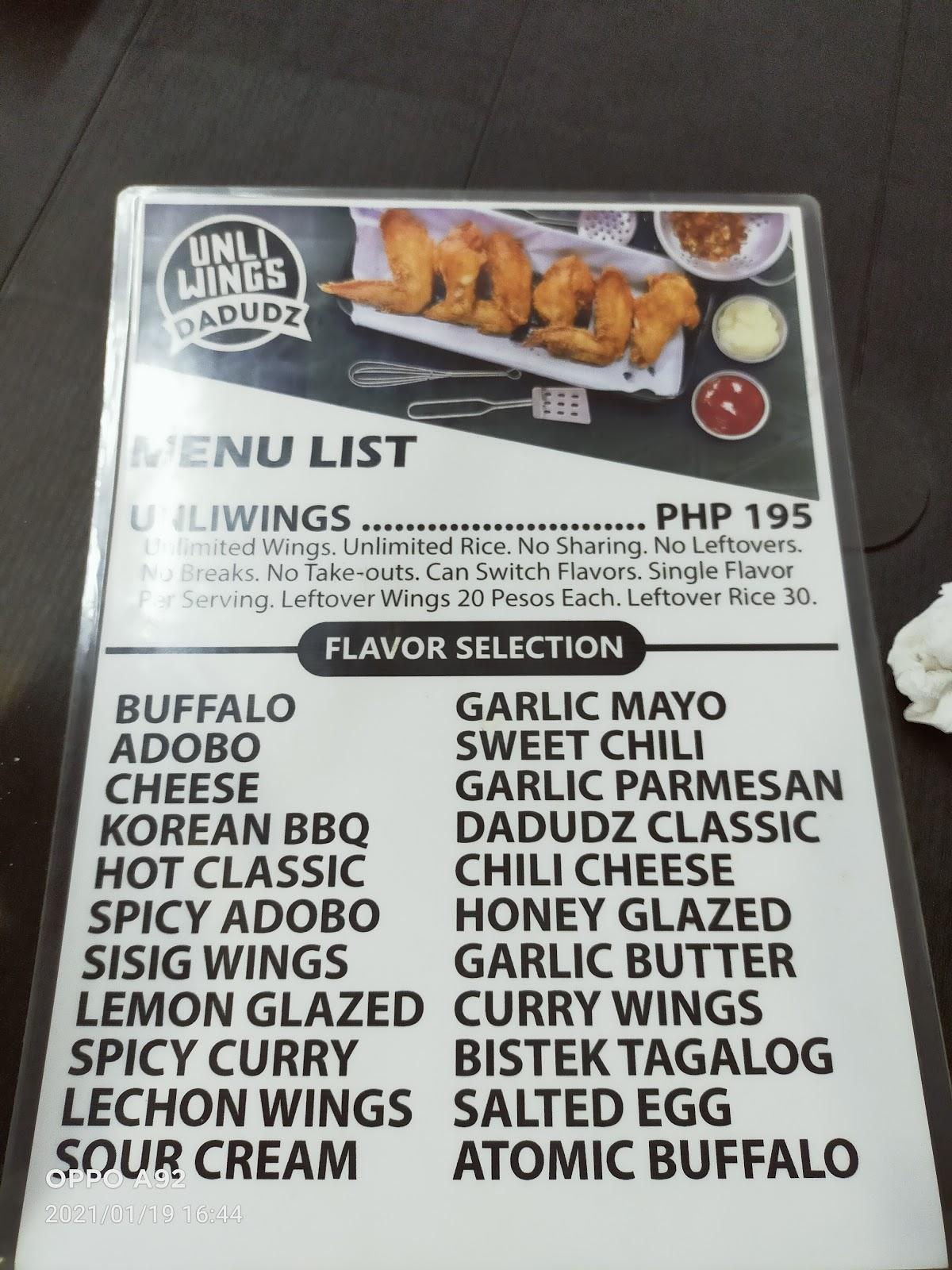 Carta del restaurante Dadudz Unli Wings Espana, Manila