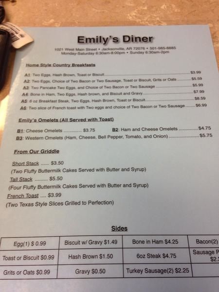 Menu at Emily's Diner restaurant, Jacksonville