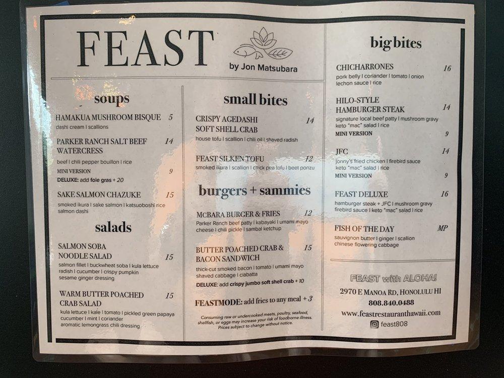 Menu at Feast by Jon Matsubara, Honolulu