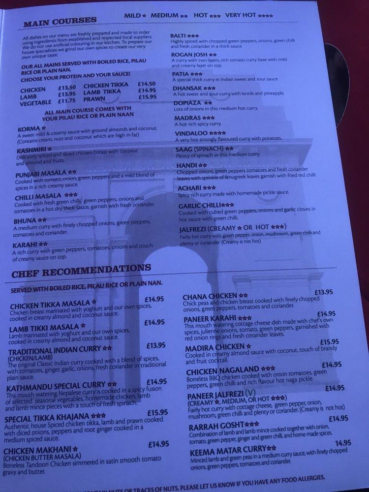 Menu at India Gate restaurant, Belfast