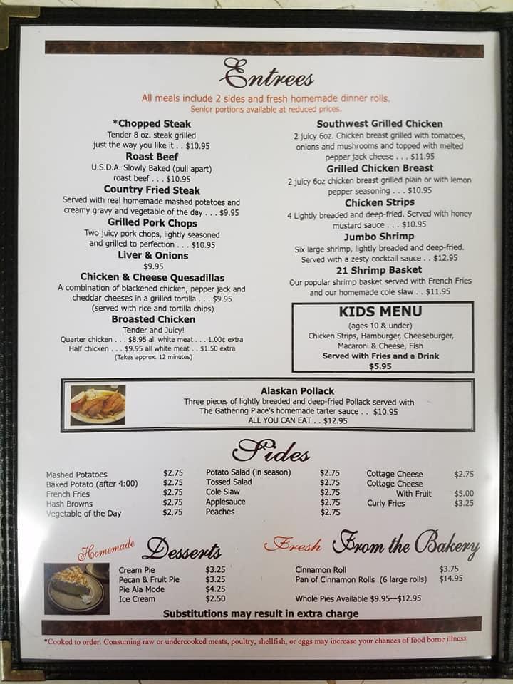 Menu at The Gathering Place Restaurant, Howe