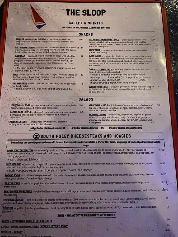 Menu at The Sloop pub & bar, Gulf Shores
