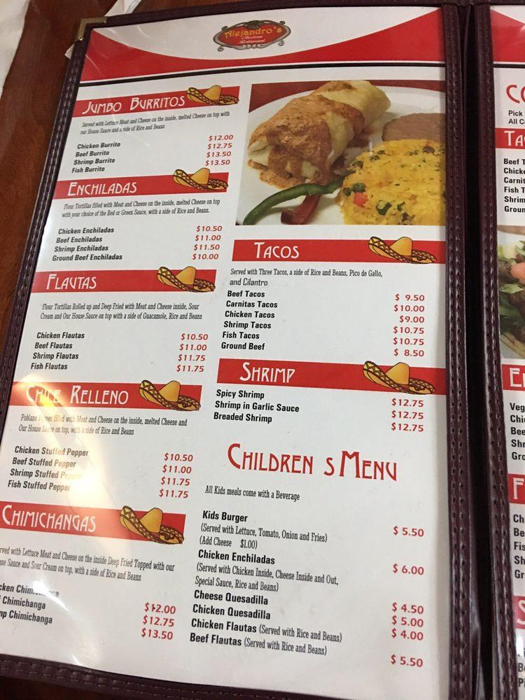 Menu at Alejandro's restaurant, Brooksville