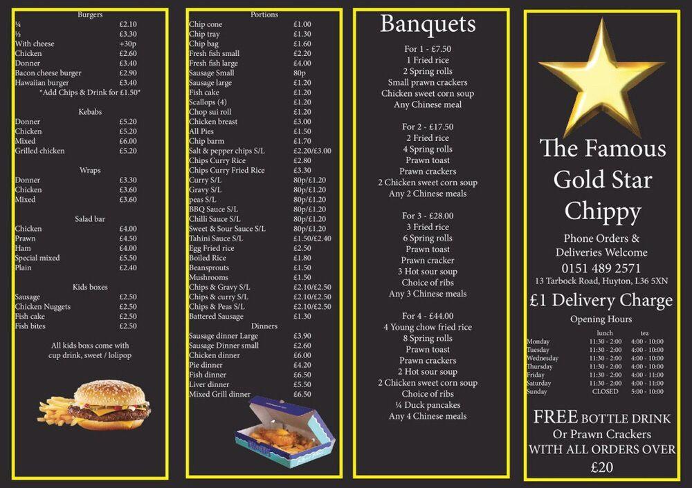 Menu at Gold Star Chippy restaurant, Liverpool