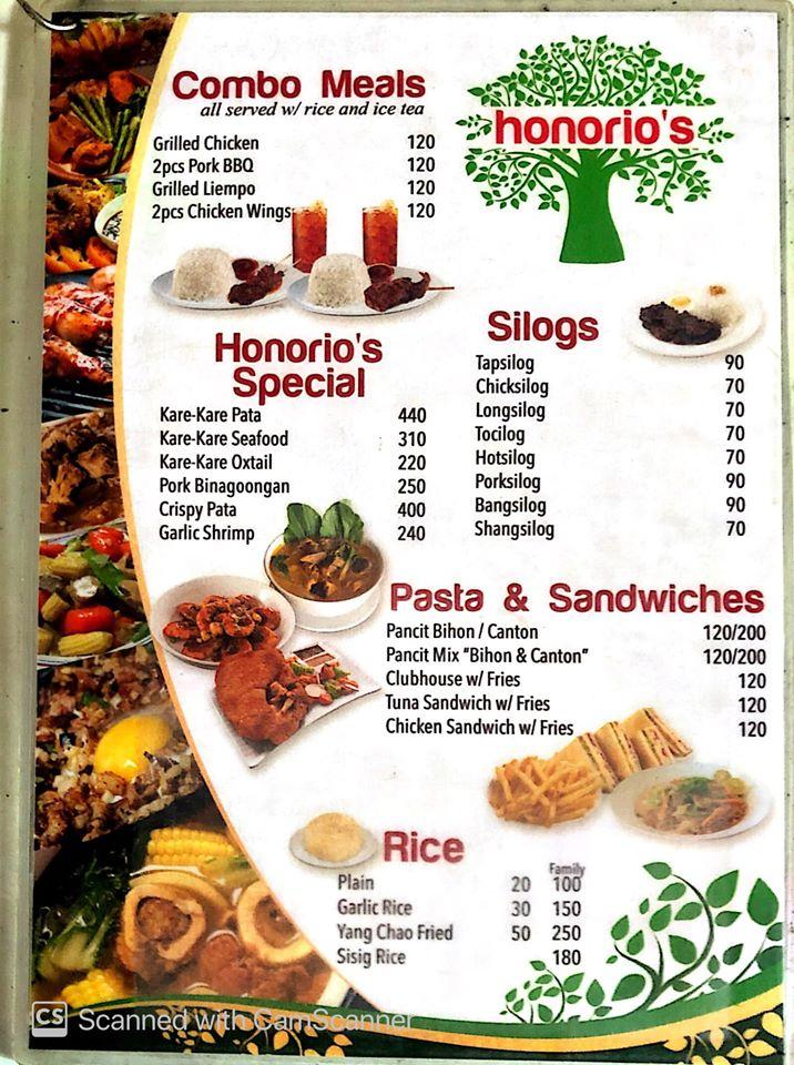 Menu at Honorio's Restaurant, Maragondon