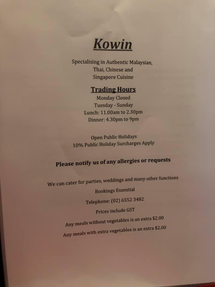 Menu at Kowin Chinese Restaurant, Taree, 22 Chatham Ave