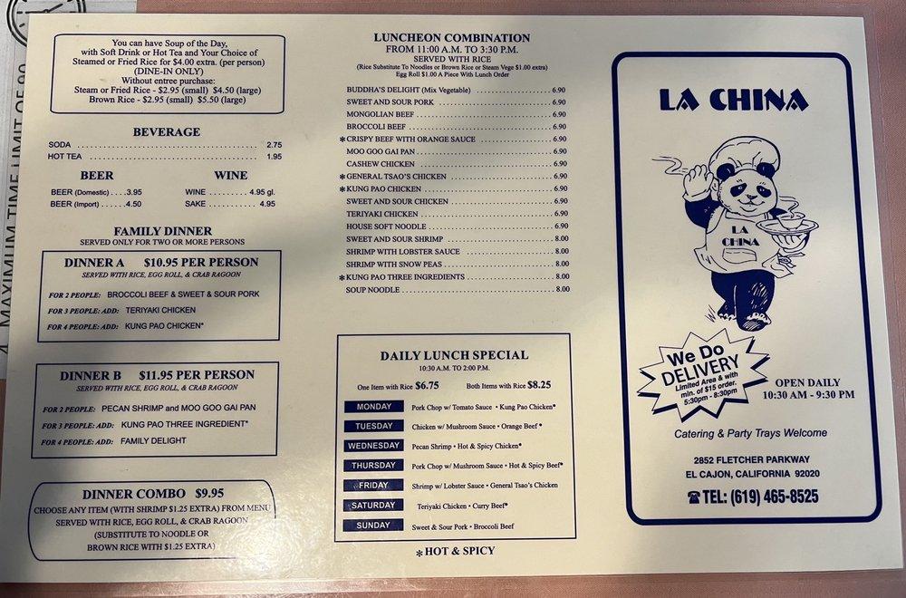 Menu at La China Restaurant, El Cajon, Fletcher Pkwy