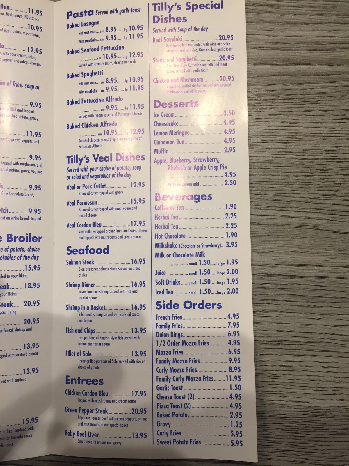 Menu at Tilly's Family Dining & Pizza pizzeria, Tofield