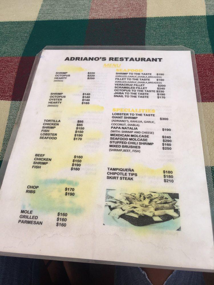 Menu at Adrianos restaurant, Bucerías
