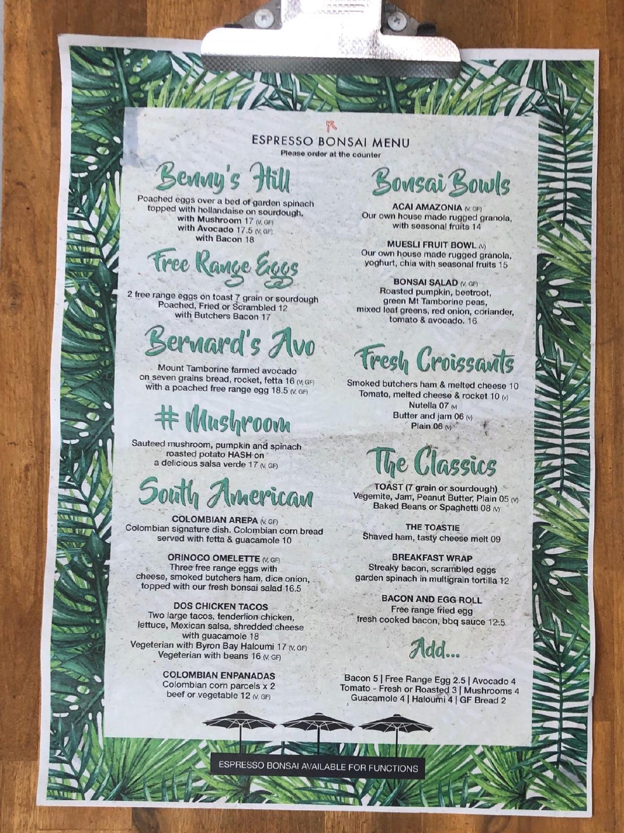 Menu at Espresso Bonsai cafe, Surfers Paradise