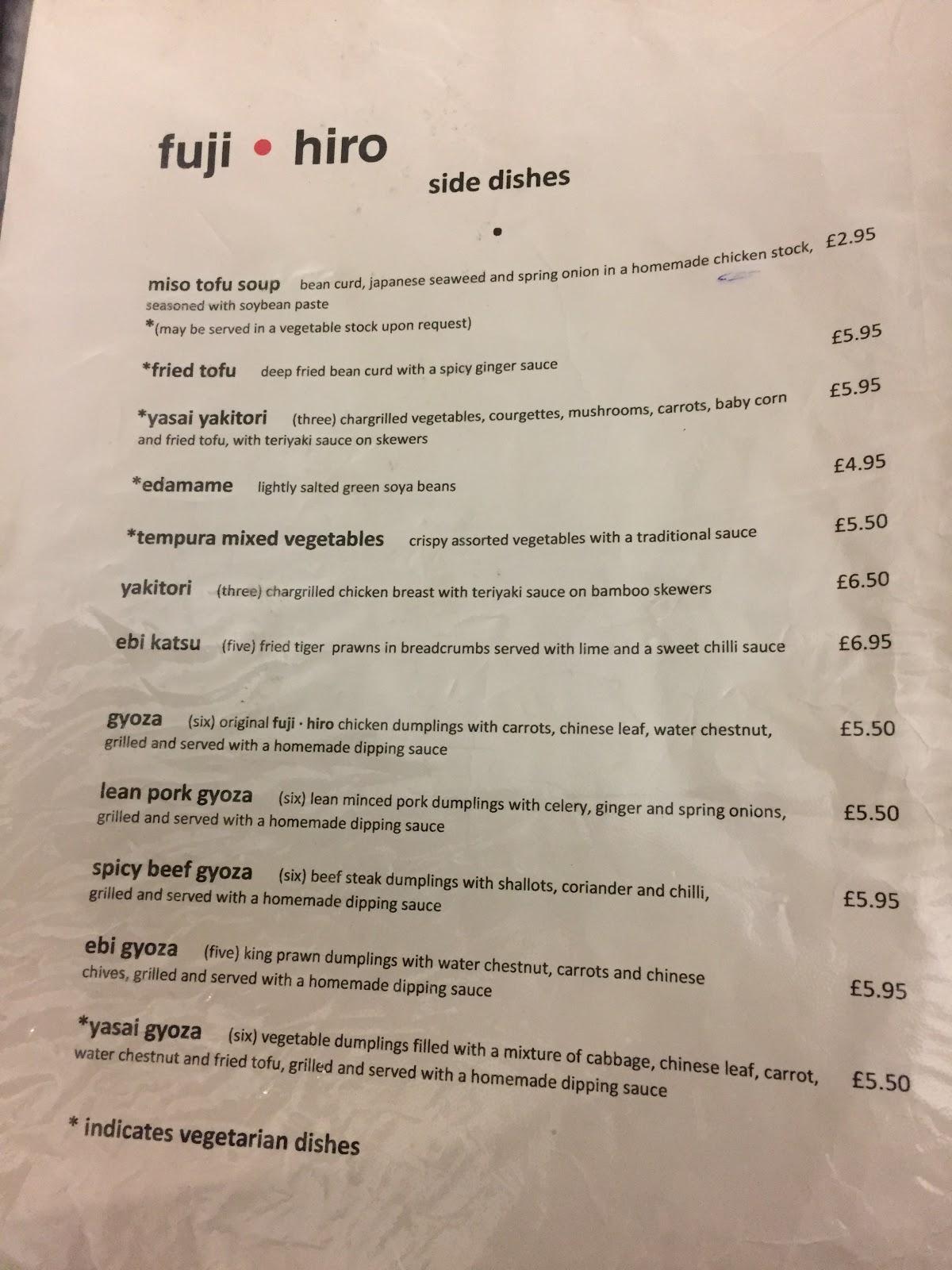 Menu at Fuji Hiro restaurant, Leeds