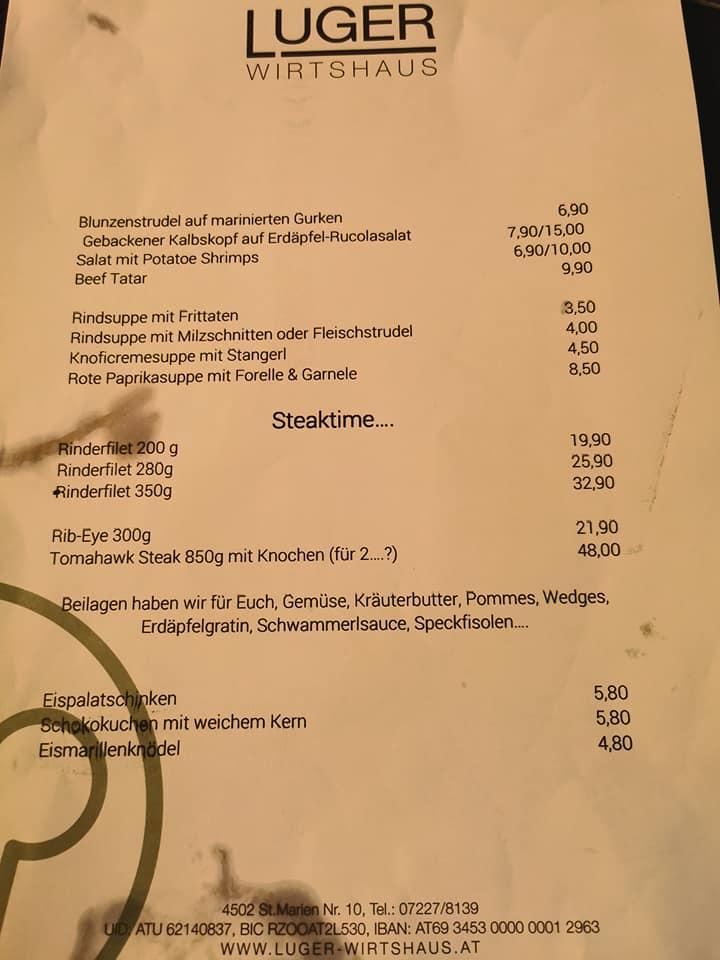 Menu at Gasthaus Luger restaurant, Austria