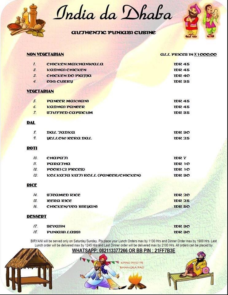 Menu at India da dhaba restaurant, Jakarta