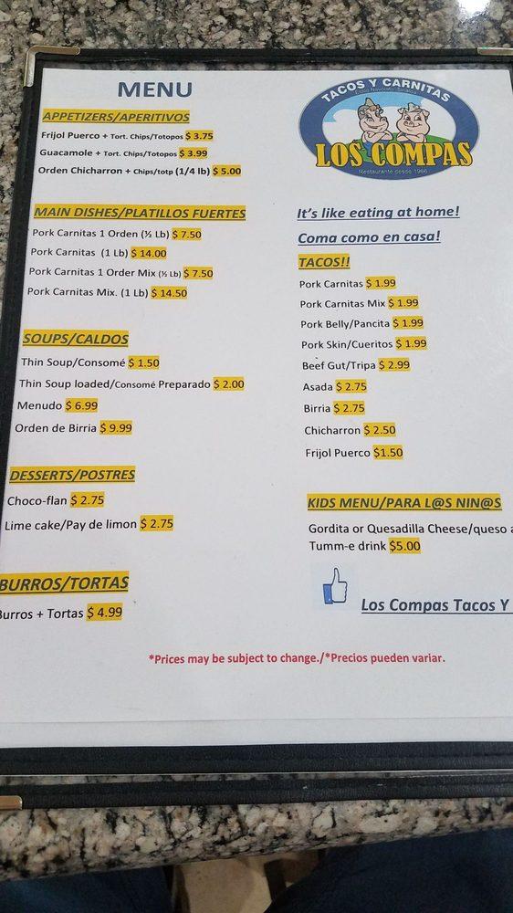 Menu at Los Compas Tacos y Carnitas restaurant, Tucson