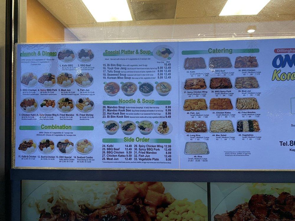 Menu at Ono Korean BBQ, Honolulu