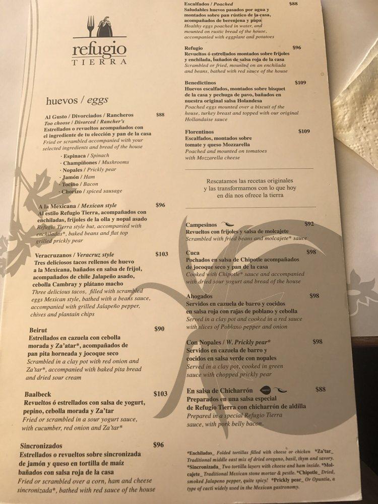 Carta del restaurante Refugio Tierra, San Luis Potosi