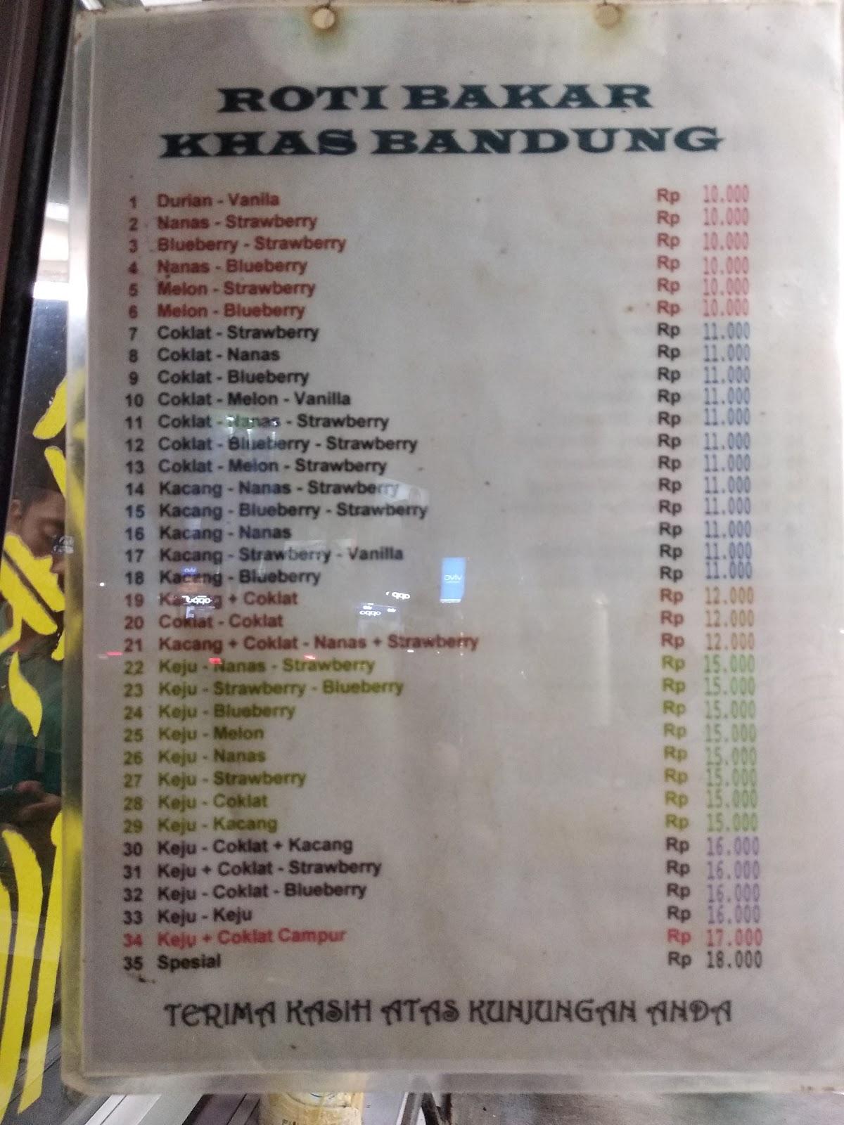 Menu at Roti Bakar khas Bandung restaurant, Jember, Jl. Jawa