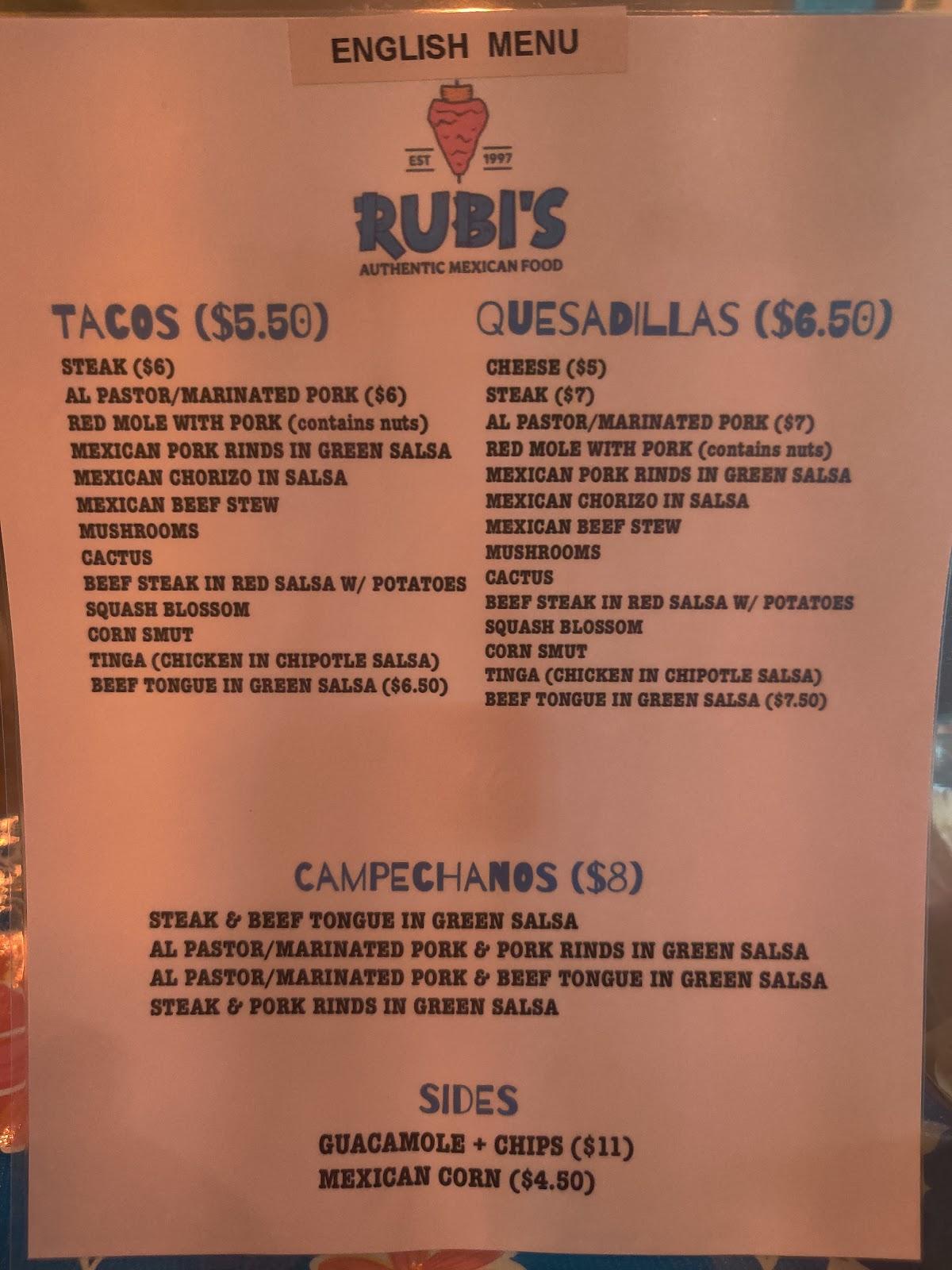 Menu at Rubi’s Tacos restaurant, Chicago