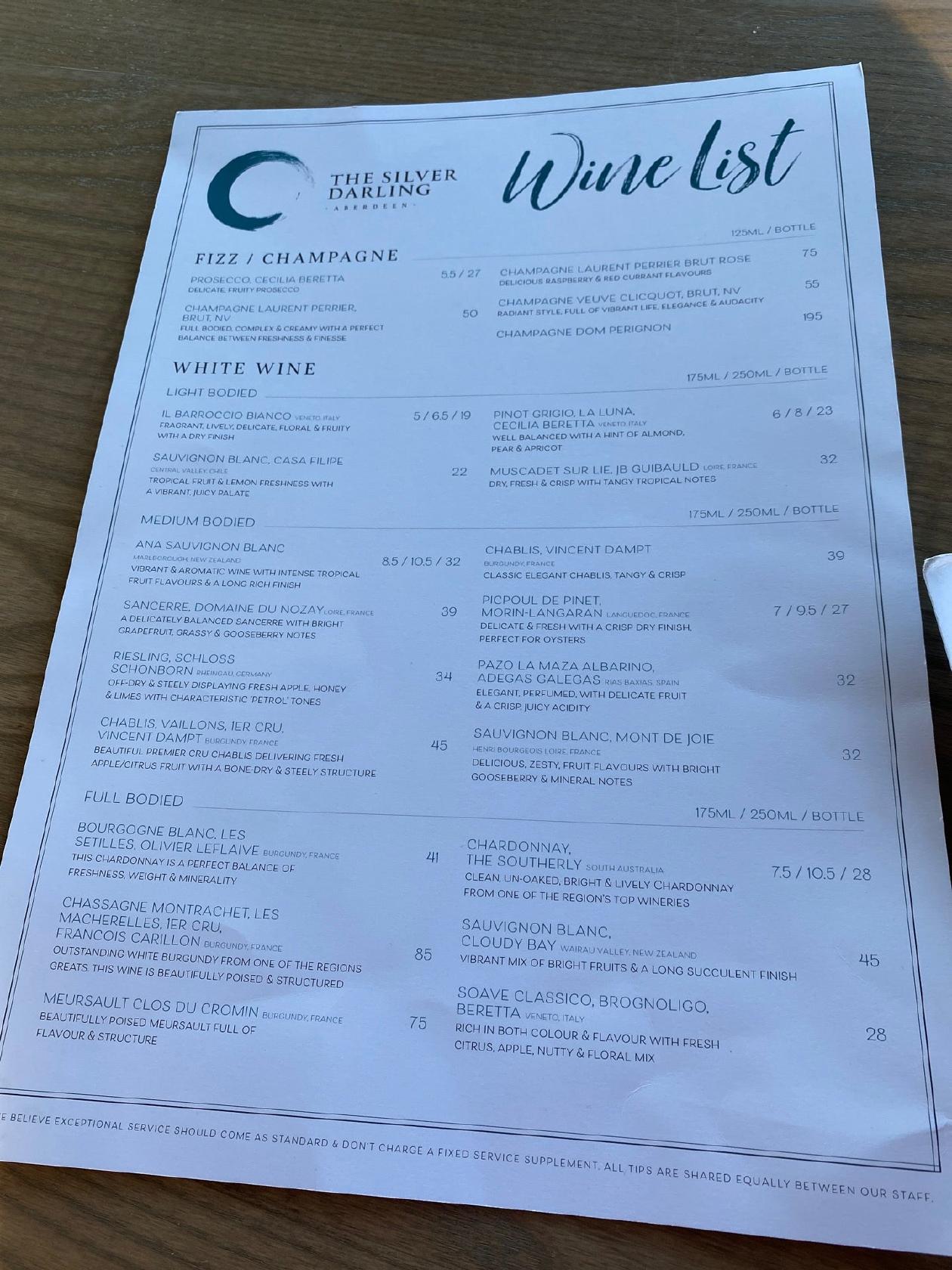 Menu at The Silver Darling restaurant, Aberdeen
