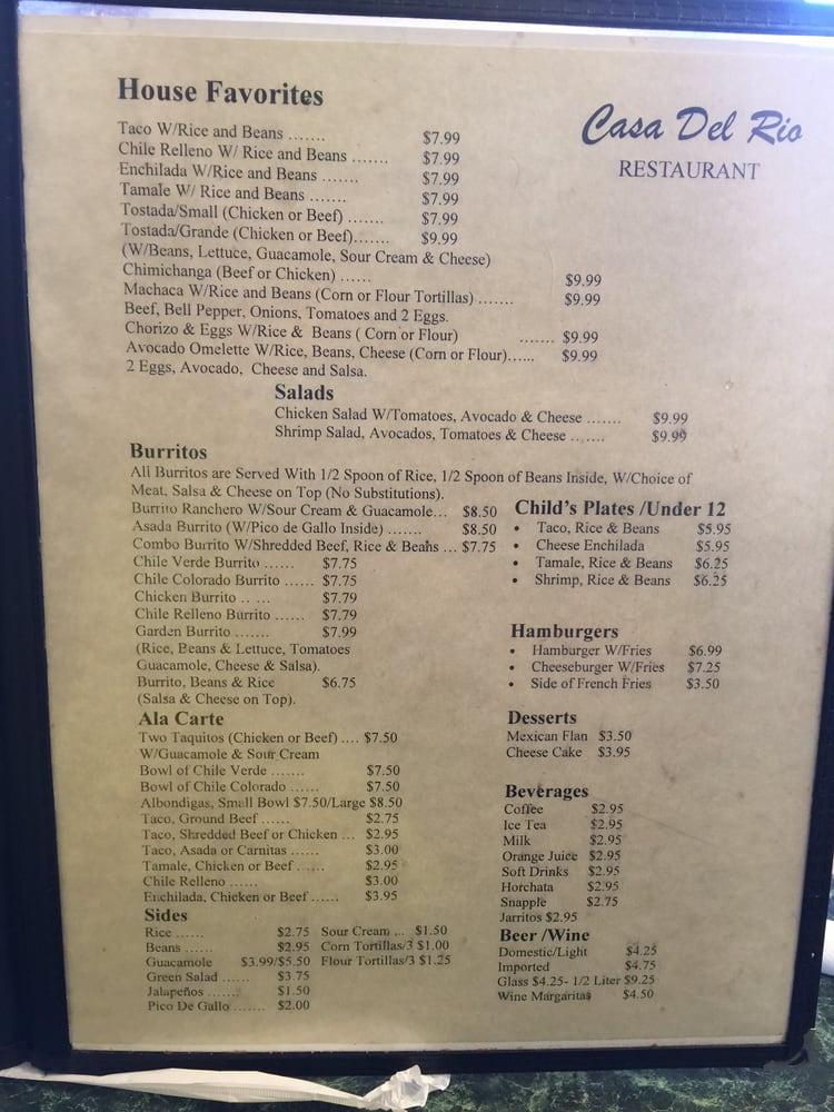 Menu at Casa Del Rio restaurant, Ventura