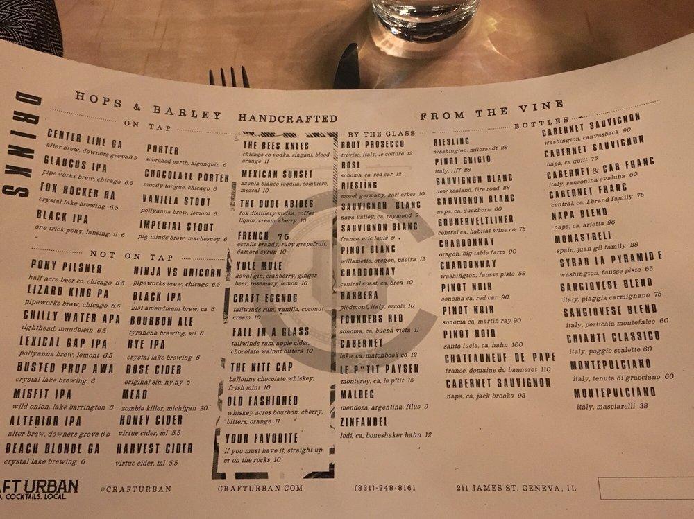 Menu at Craft Urban pub & bar, Geneva, 211 James St