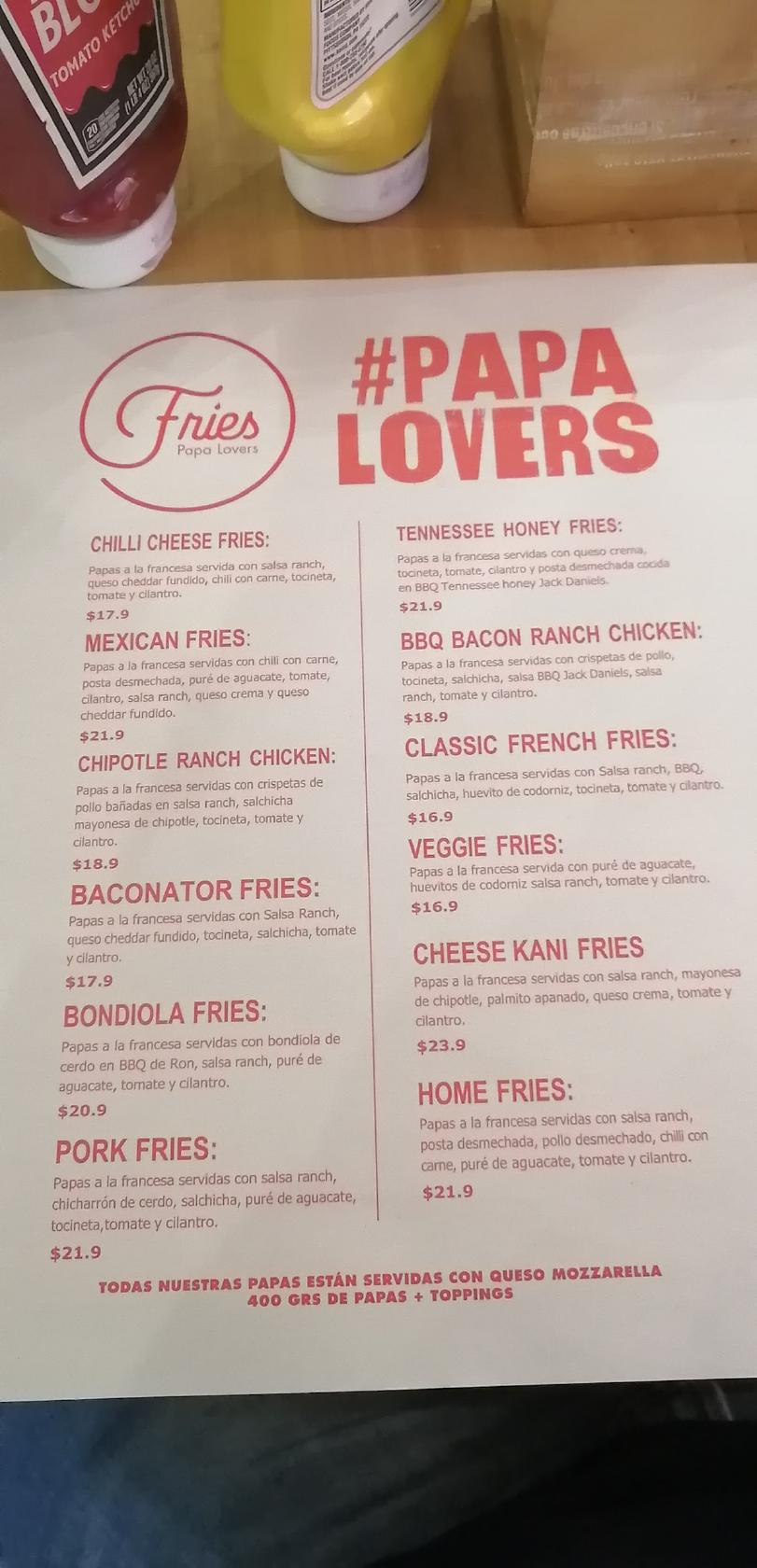 Menu at Fries Papa Lovers restaurant, Colombia
