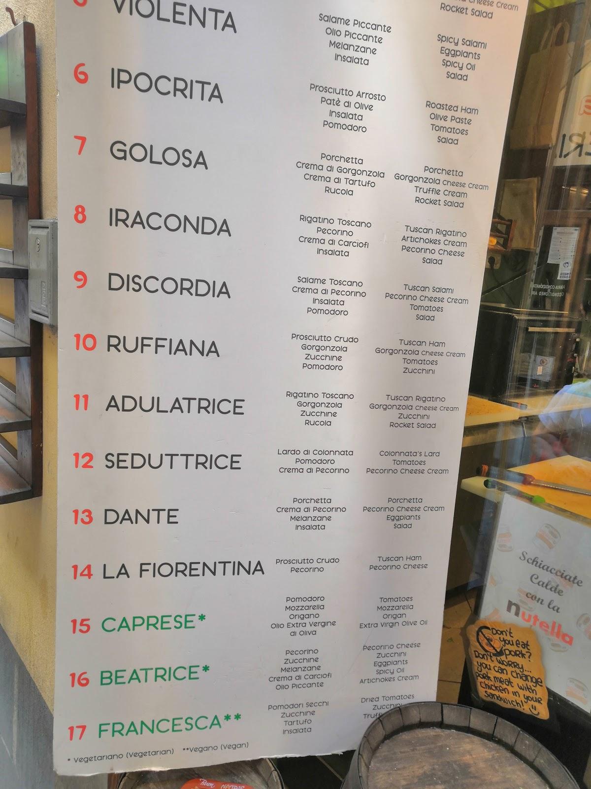 Menu au I' Girone De' Ghiotti fast food, Florence