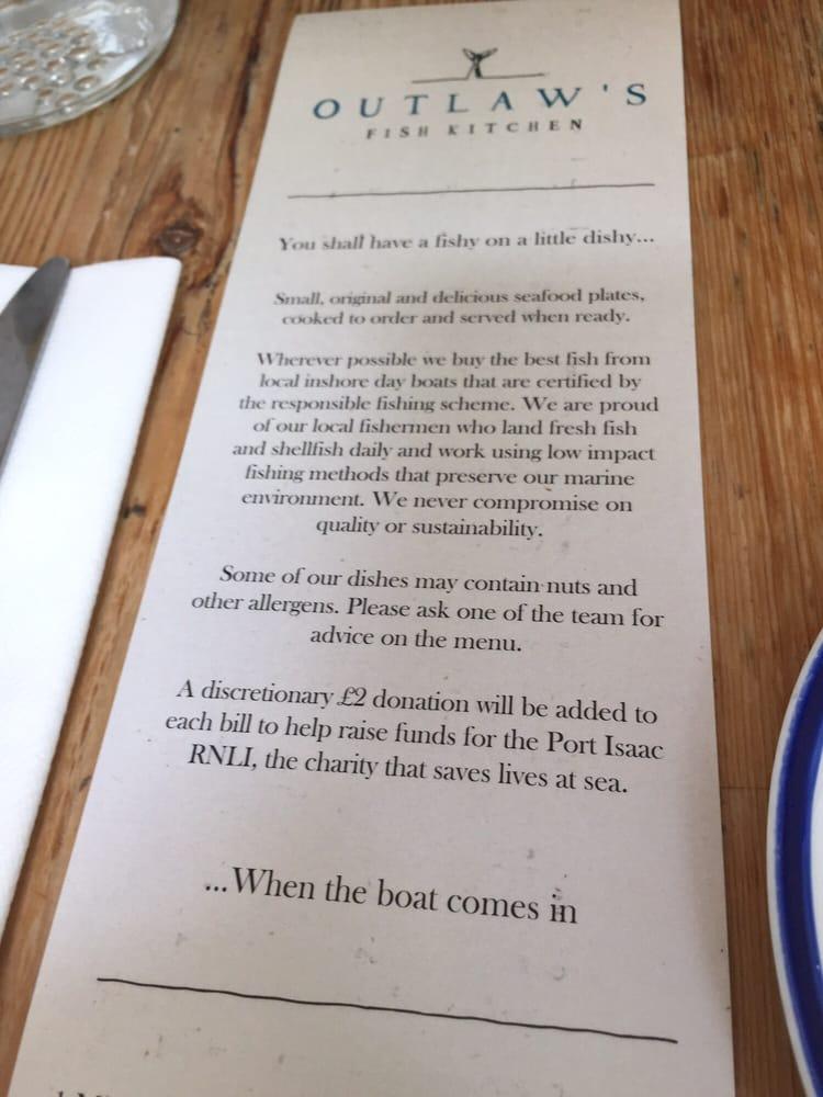 Menu at Outlaw's Fish Kitchen restaurant, Port Isaac