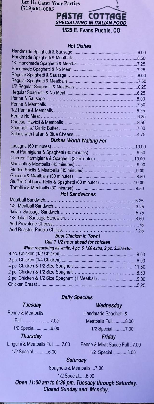Menu at Pasta Cottage restaurant, Pueblo