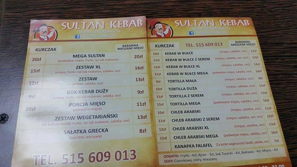 Menu at Sultan Kebab restaurant, Syców