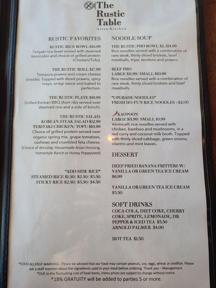Menu at The Rustic Table Asian Kitchen restaurant, Redding